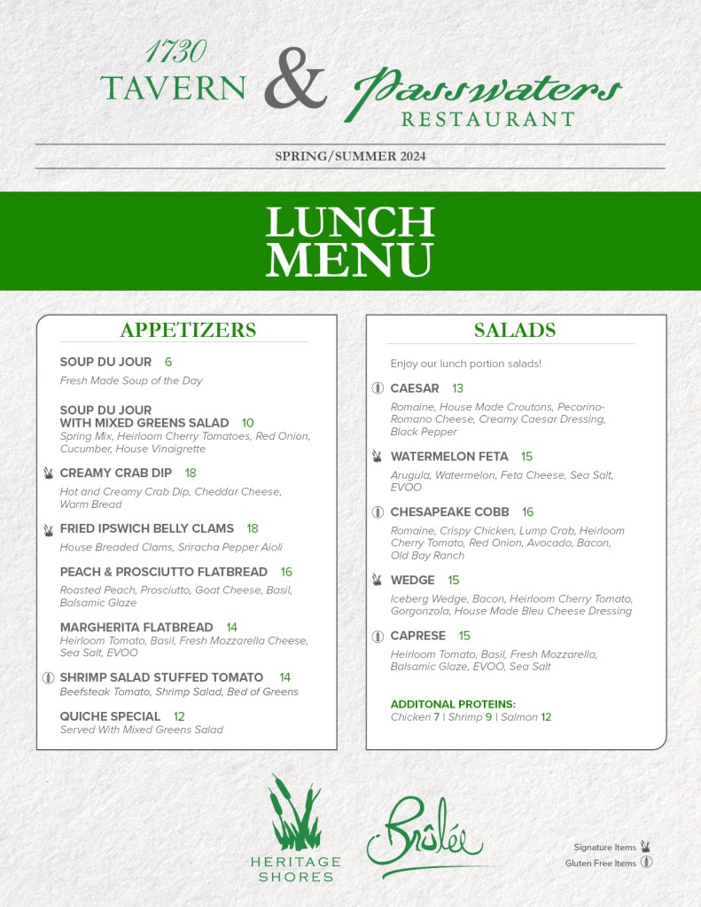 Join us at Passwaters Restaurant & 1730 Tavern - Heritage Shores Golf Club