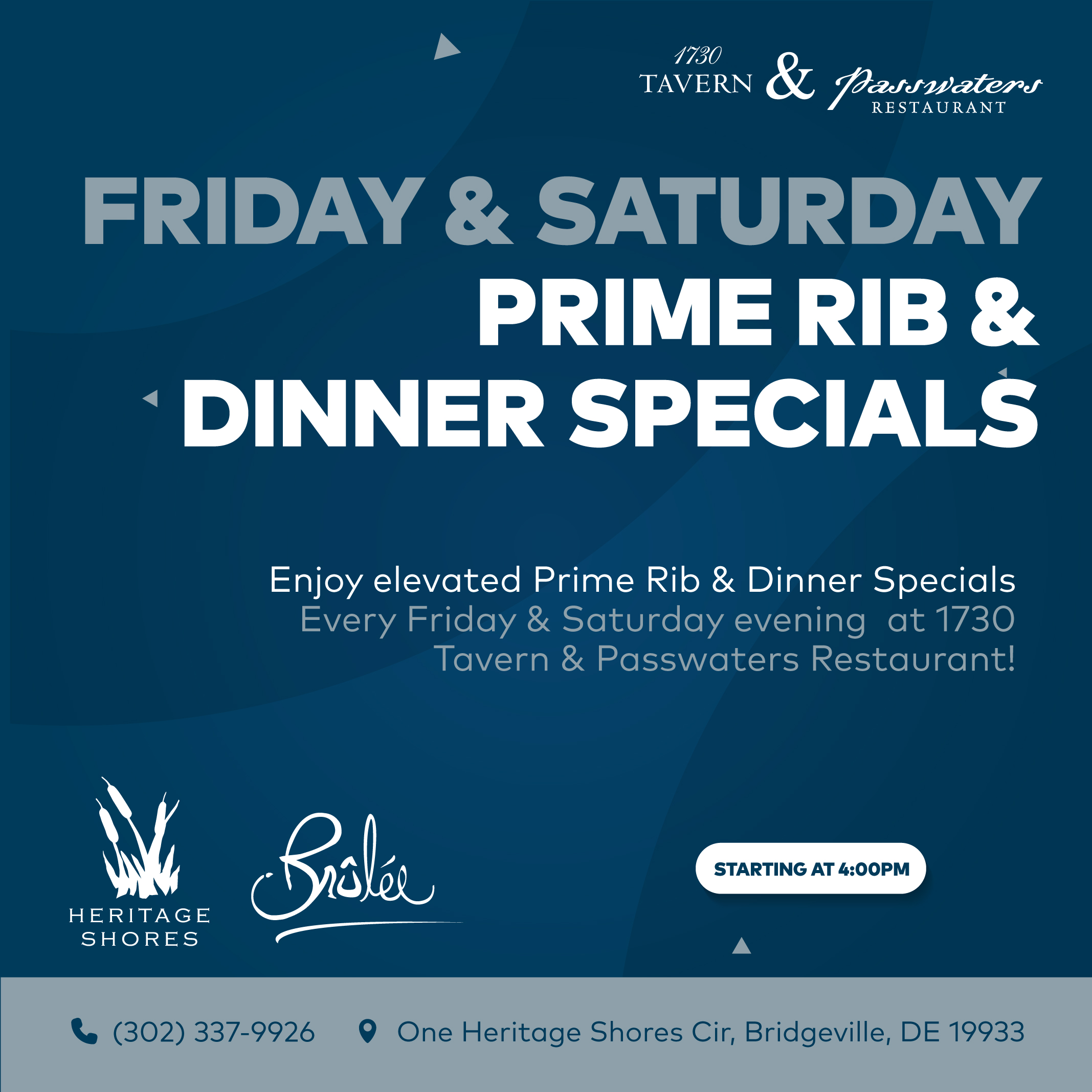 Join us at Passwaters Restaurant & 1730 Tavern - Heritage Shores Golf Club